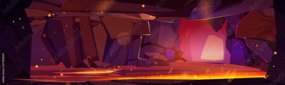 Cartoon cave with hot lava river. Vector illustration of landscape ...