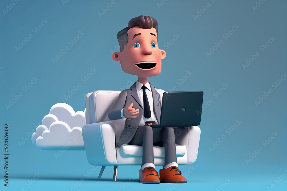 3D cartoon character cute smiling businessman sit on cloud armchair ...
