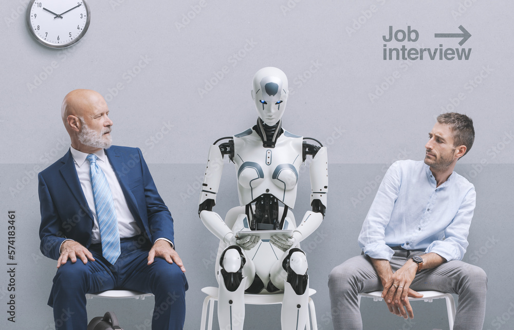 Job applicants staring at the robot candidate and waiting for the job ...