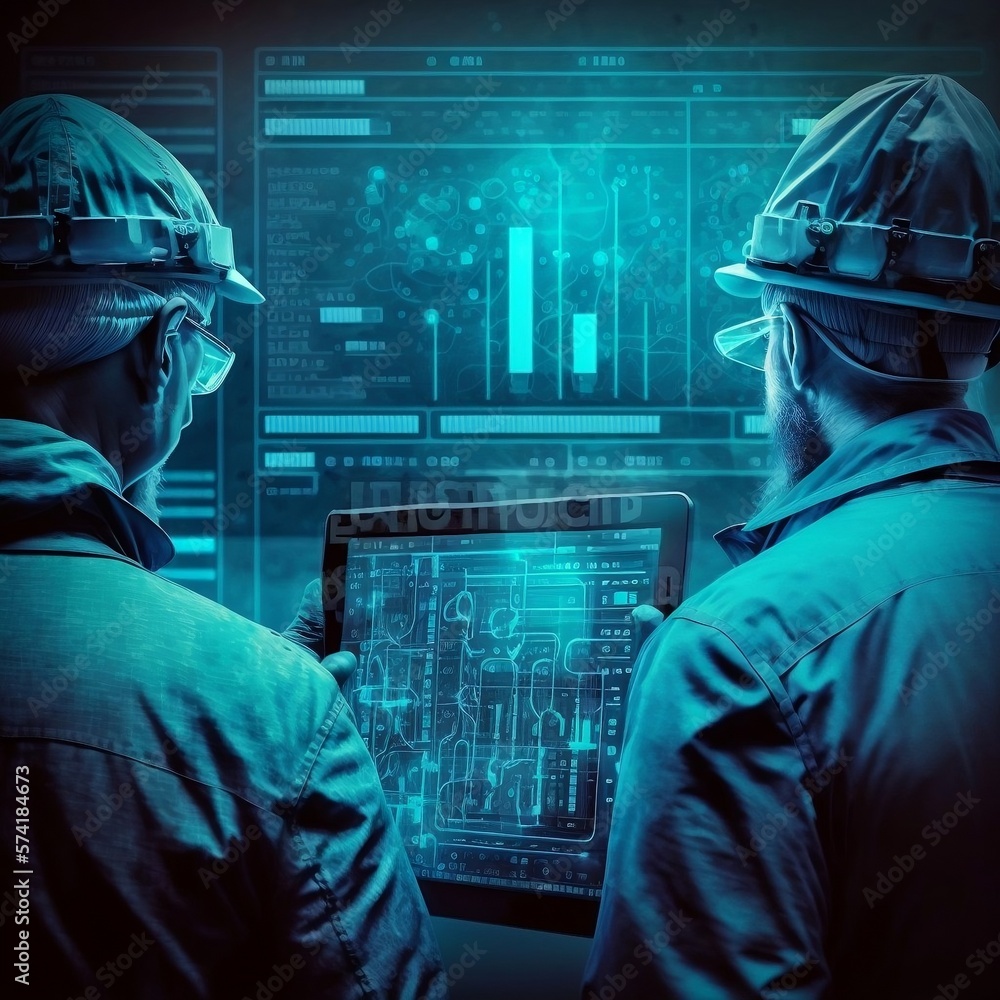 Digitalization of the plant. Industrial engineers use a tablet computer ...