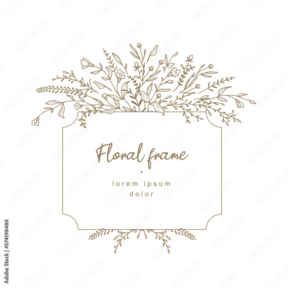 Elegant floral frame. Hand drawn flowers for logo template in line art ...