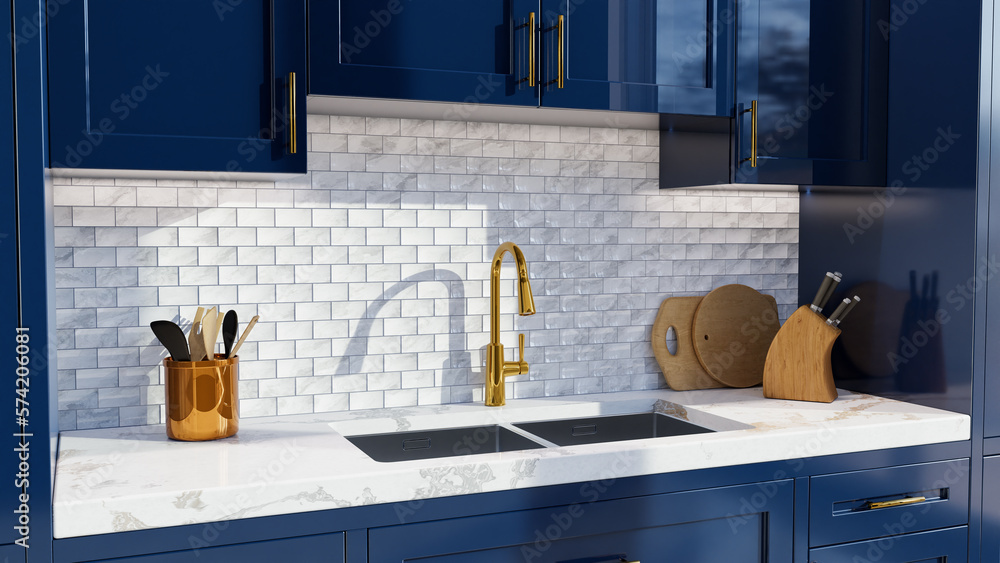 Kitchen interior with kitchens utensils, white tile backsplash, navy ...
