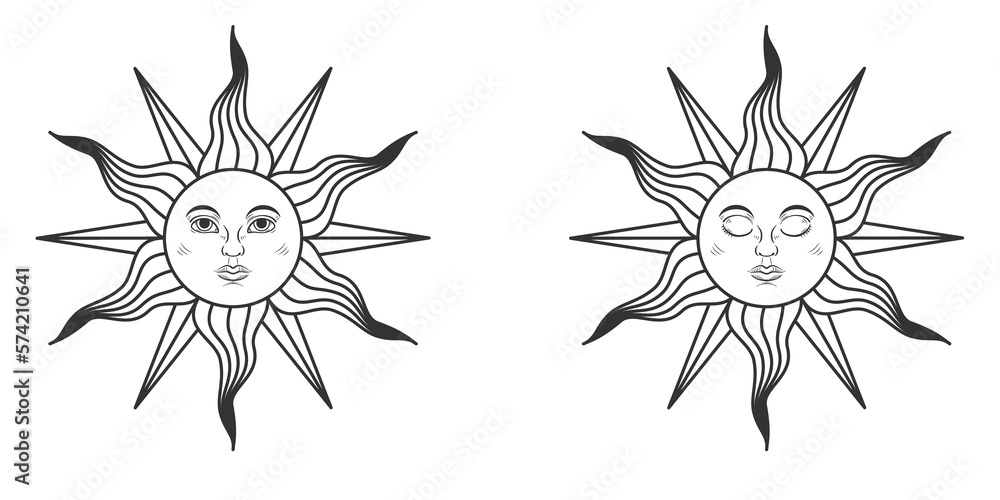 Pair of suns with open and closed eyes in medieval style. Illustration ...