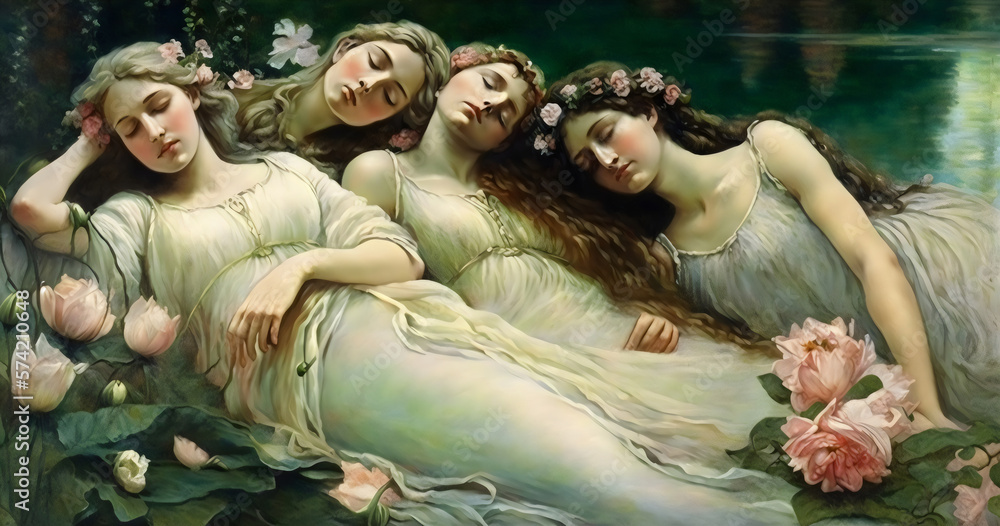 renaissance style oil painting of beautiful nymphs sleeping next to a ...