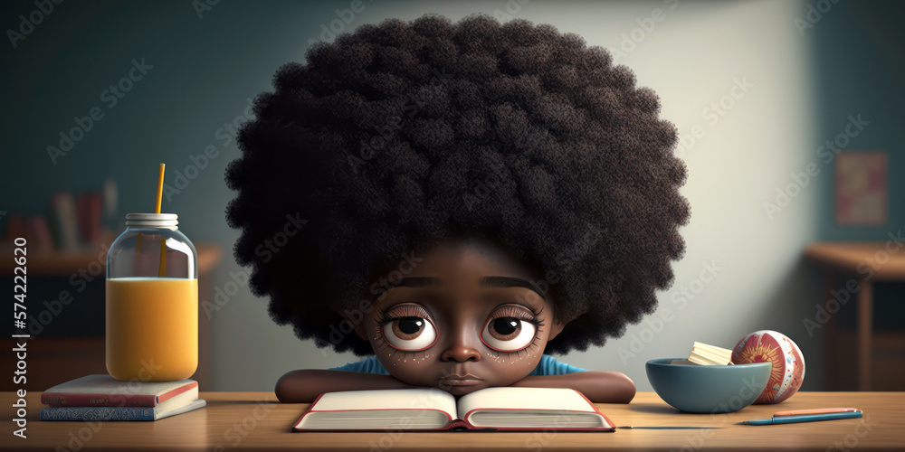 Child reading a book. Cartoon school student with afro hair studying ...