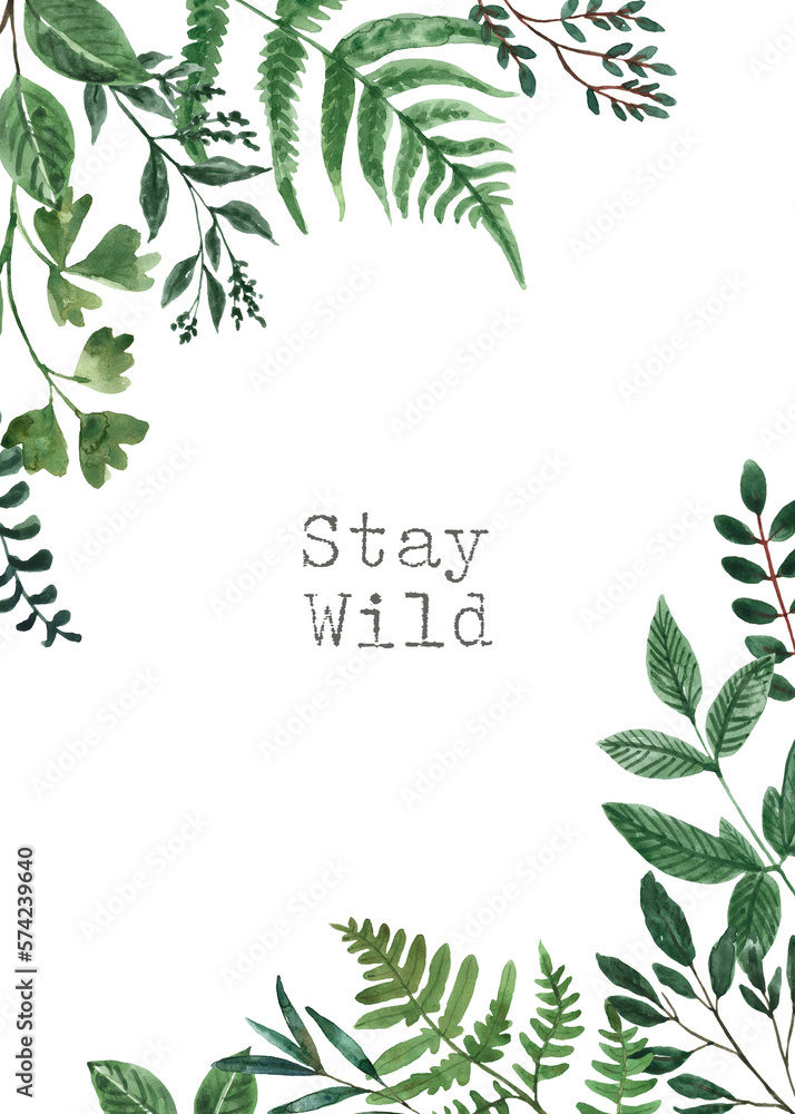 Corner greenery frame. Invitation template with green foliage, leaf on ...