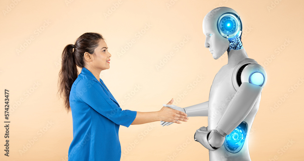 Young asian indian woman shaking hand with humanoid Artificial ...