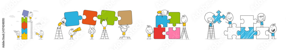 Stick figures. People connecting puzzle elements. Symbol of teamwork ...