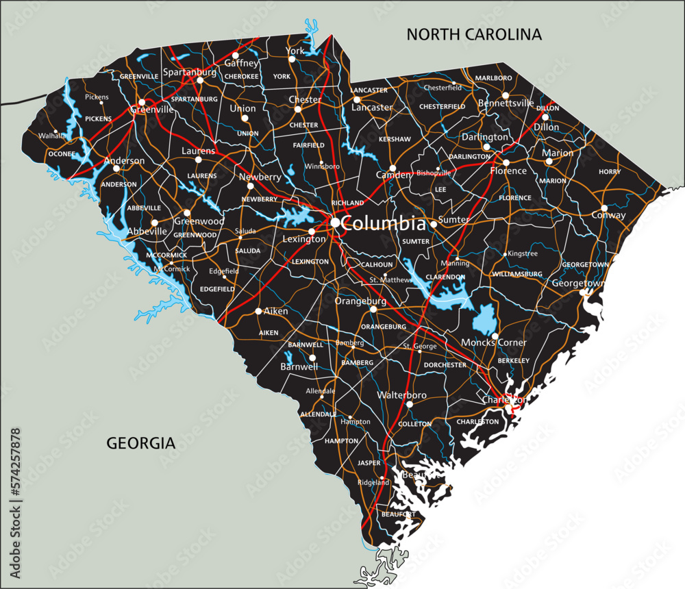 High detailed South Carolina road map with labeling. Stock Vector ...