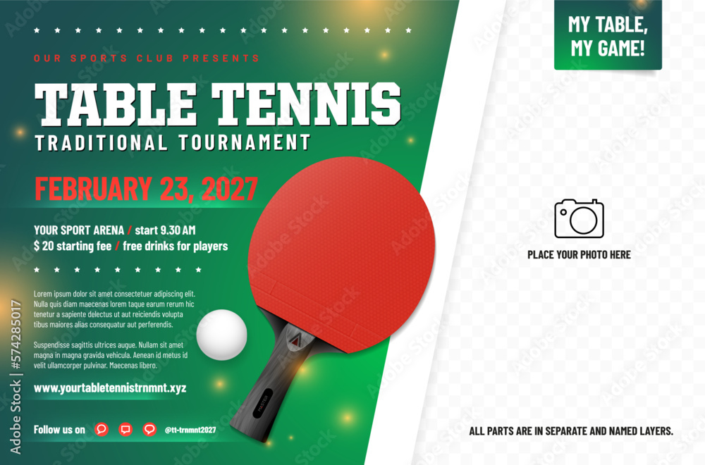Table tennis tournament poster template with racket, ball and place for ...