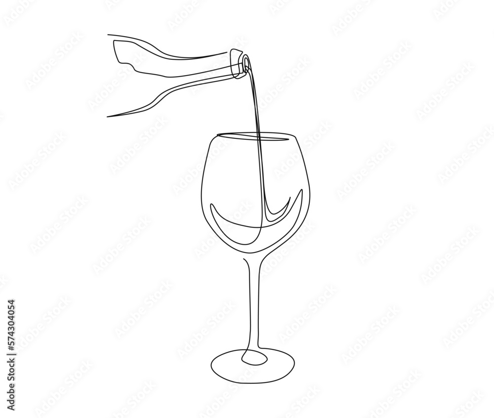 Continuous one line drawing of abstract pouring wine into the wine glass. simple wine glass line ...