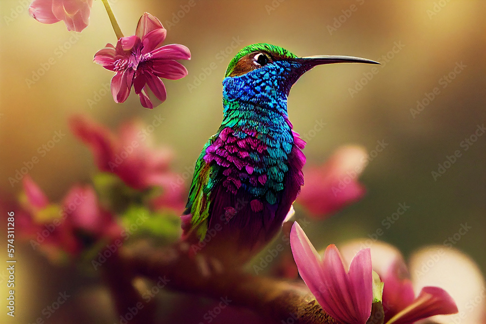 exotic colibri, hummingbird on a flower, tropic garden with beautiful ...