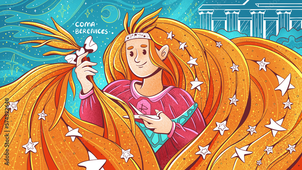 Cartoon illustration of the constellation Coma Berenices. Ancient Greek ...