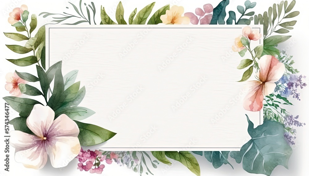 Watercolor Blank greeting card template with beautiful flowers around ... Watercolor Blank greeting card template with beautiful flowers around ...