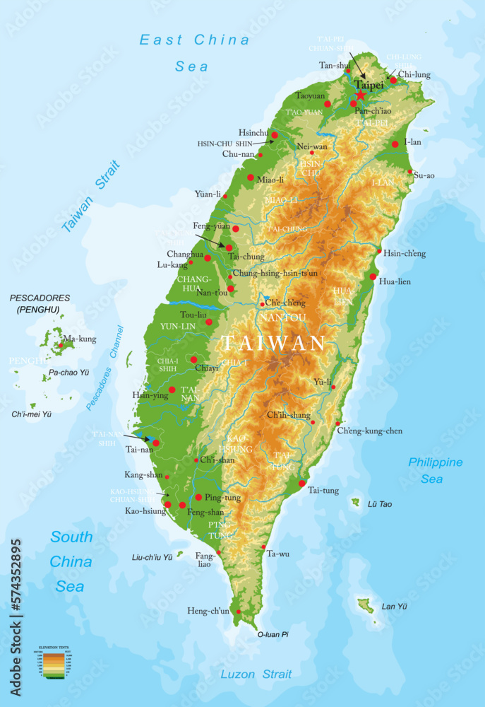 Taiwan highly detailed physical map Stock Vector | Adobe Stock