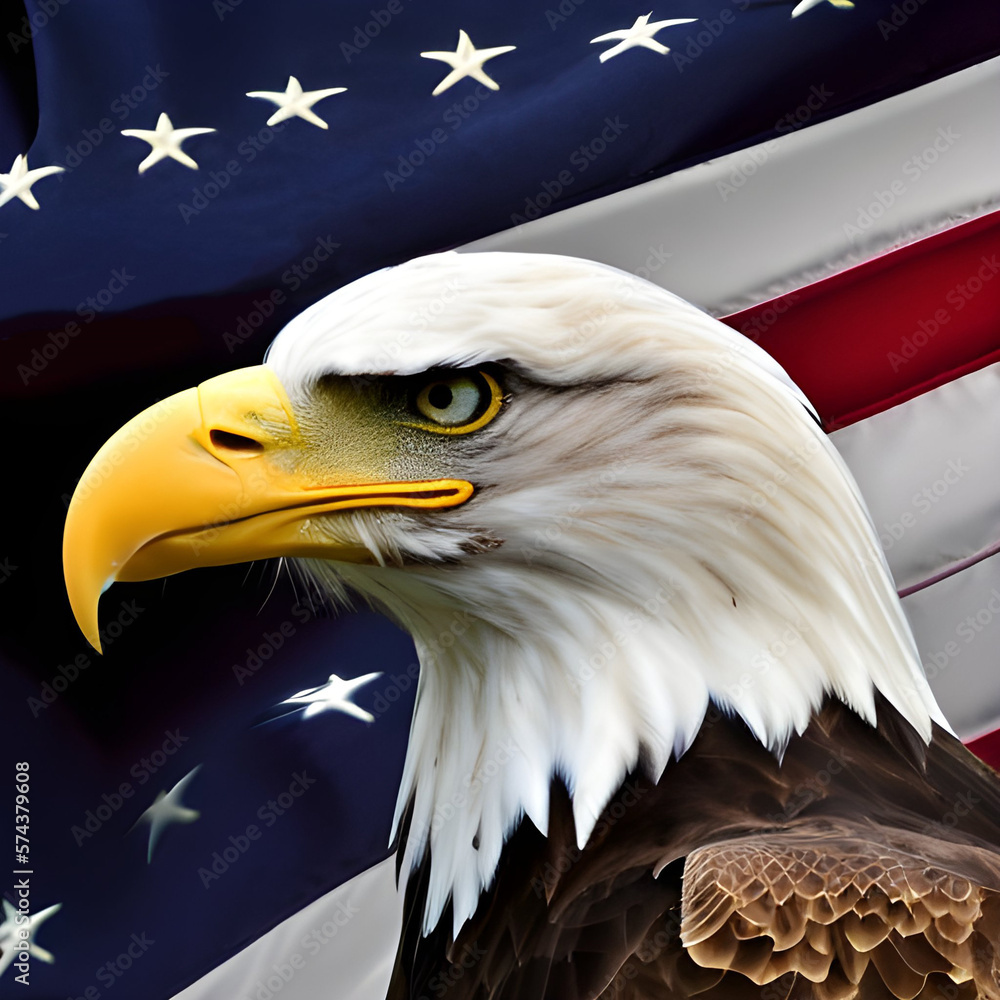 Bald eagle with high contrast isolated on wavy USA America flag ...
