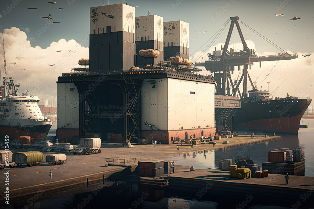 Heavy-duty transport vessel or freighter at the shipping dock with ...