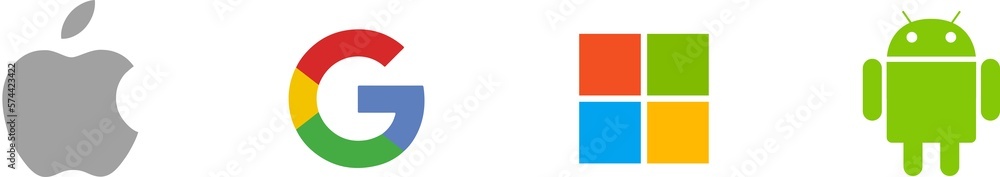 Apple Google Microsoft Android logotype. Png editorial illustration. Mobile and desktop ...
