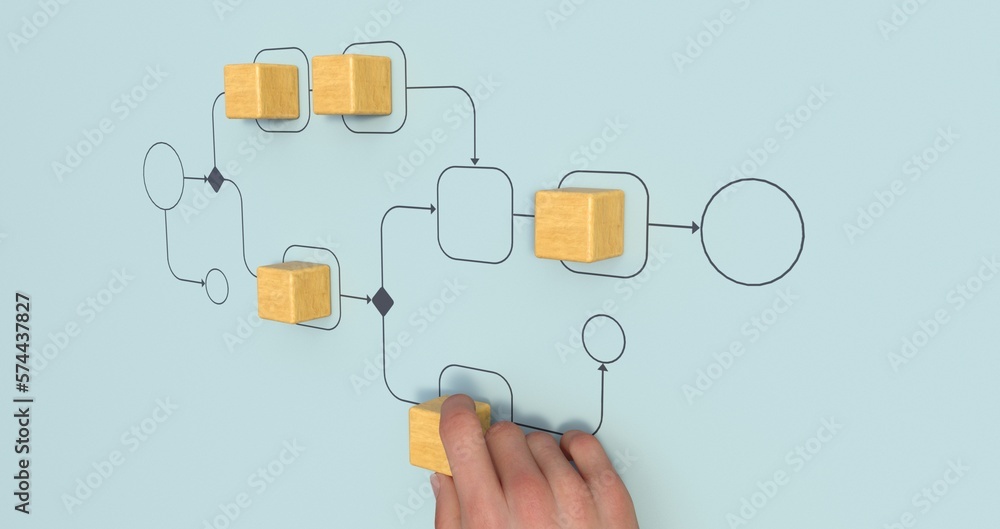 Business process management and automation concept with person moving wooden pieces on flowchart ...