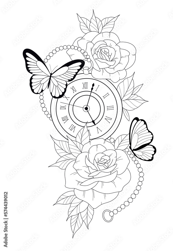 clock, butterfly, flowers, tattoo design Stock Illustration | Adobe Stock