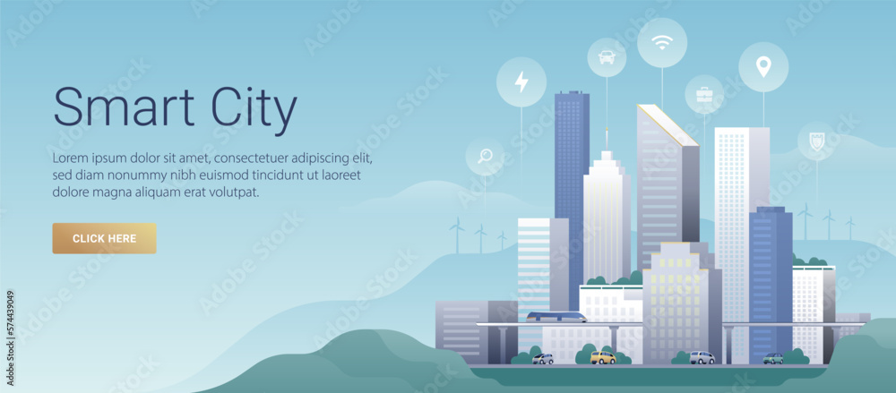 Clean modern illustration of a smart city. Innovative technologies for ...
