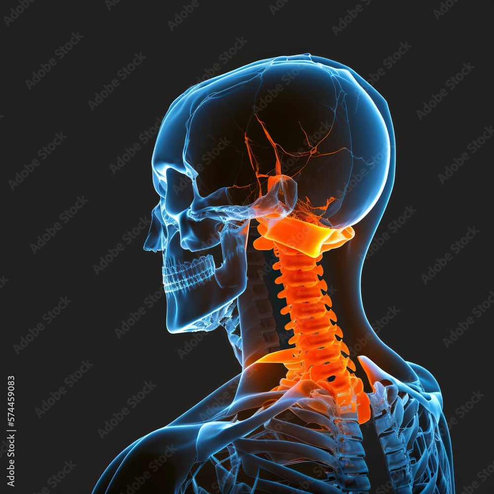 illustration of neck pain - cervical spine skeleton x-ray, medical ...