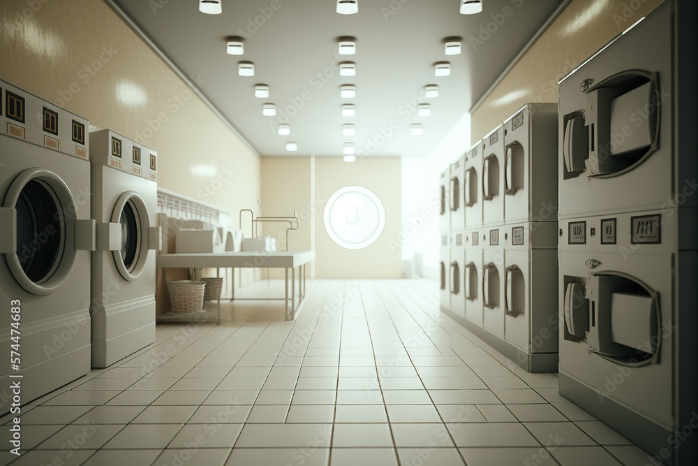 Self service laundry shop, interior perspective from the 90s ...