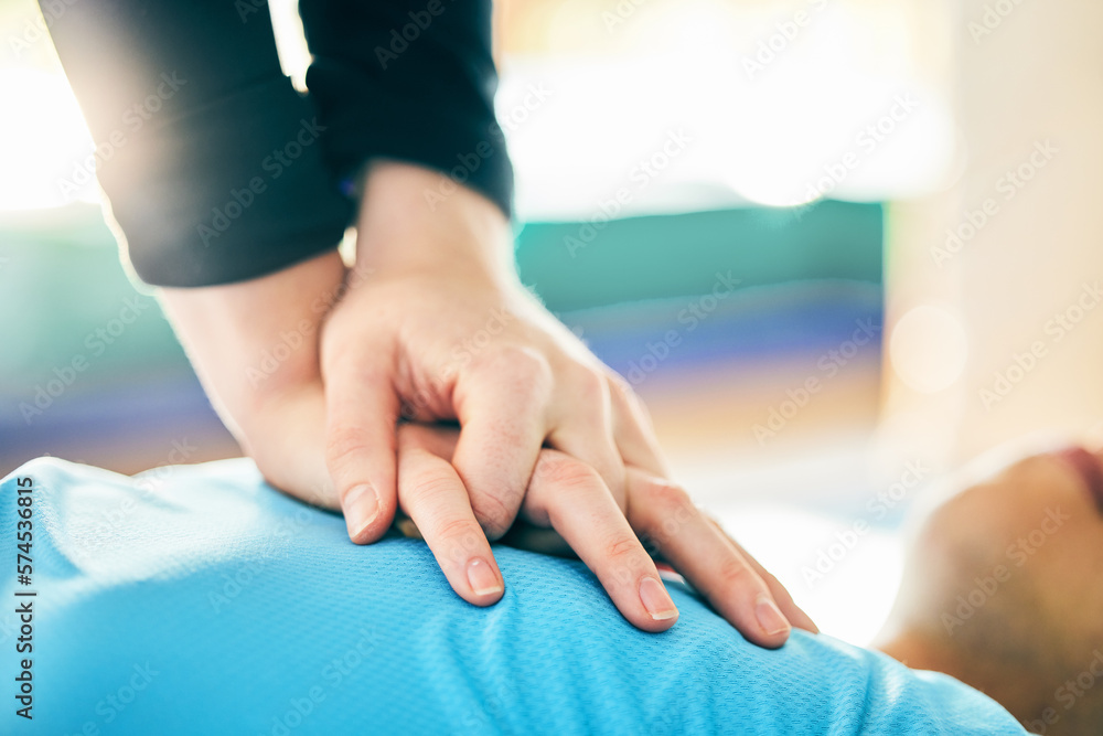 Cpr, first aid and healthcare with hands on chest of person for ...