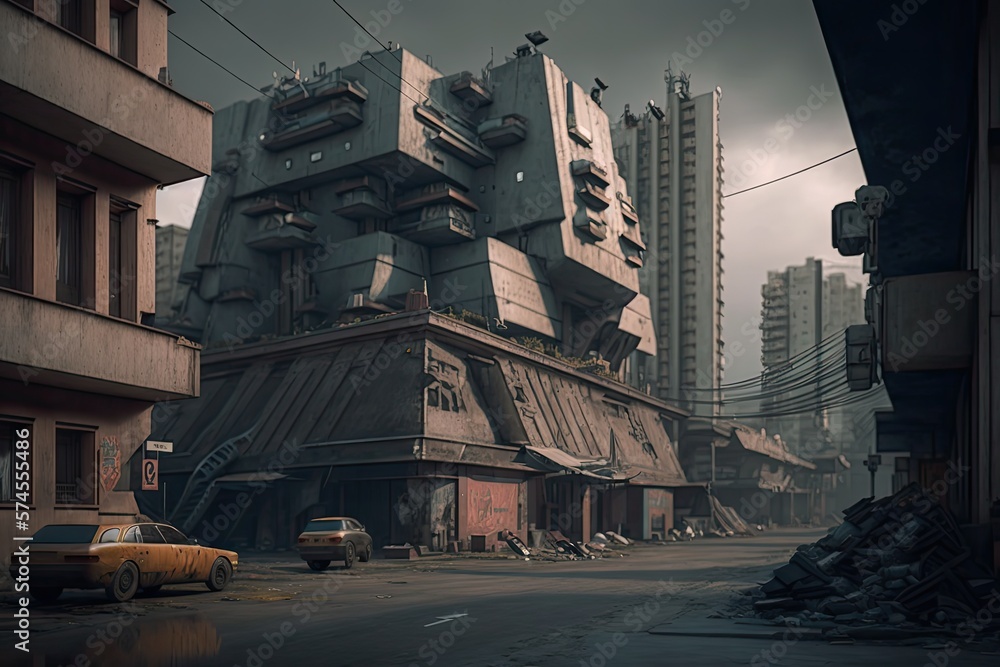 Busy sci-fi Soviet Russian city street with brutalist architecture ...