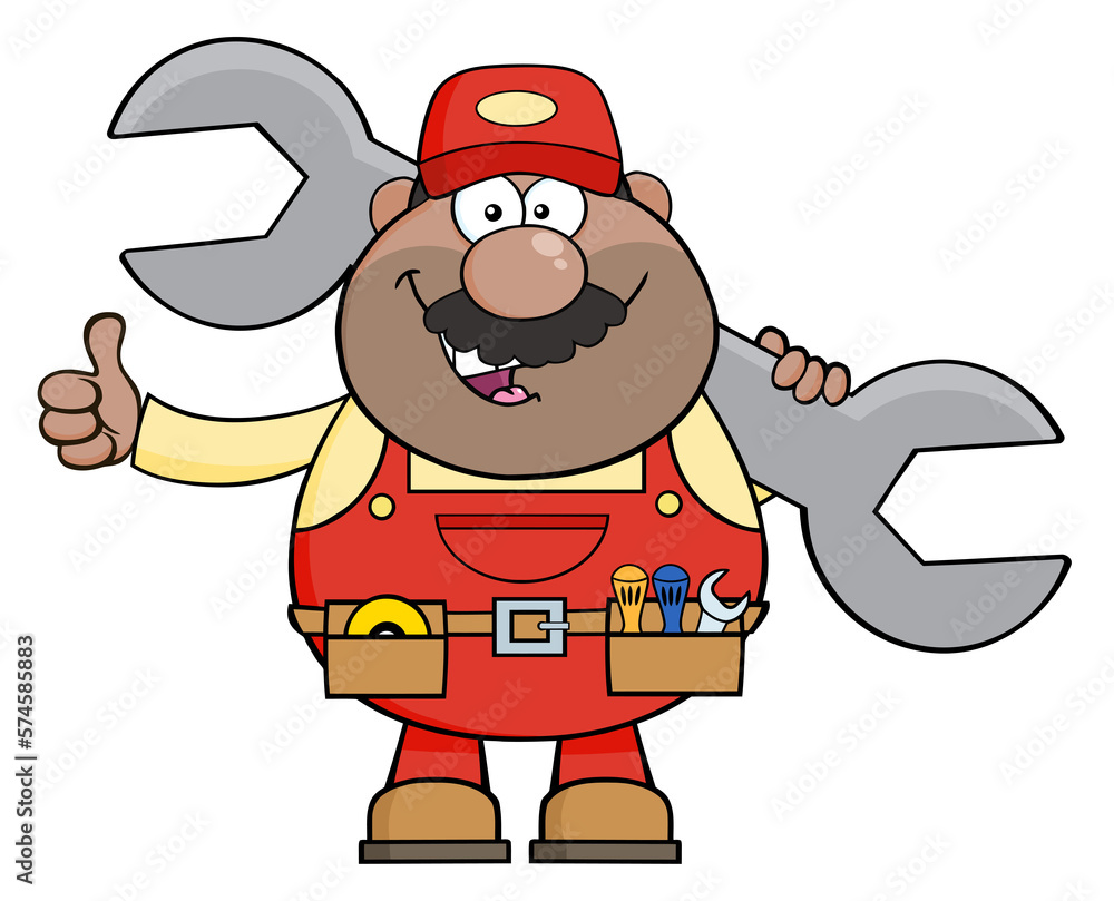 African American Mechanic Cartoon Character Holding Huge Wrench And ...