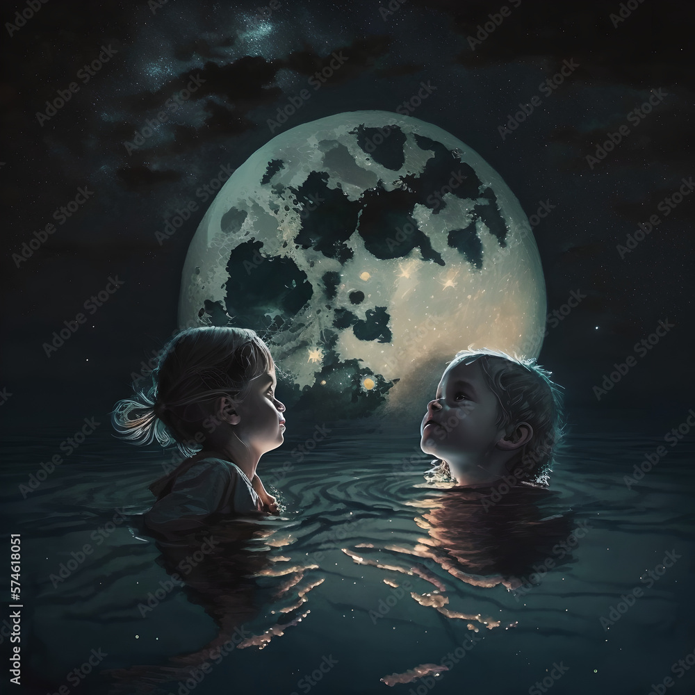 Fantasy dream, two children swimming in spcace near and at the moon ...