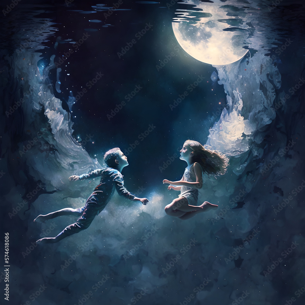 Fantasy dream, two children swimming in spcace at night near and at the ...