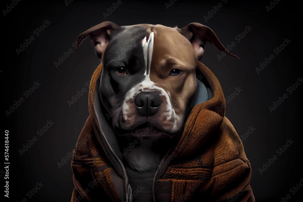 American bully wearing human clothing. Solid color background, studio ...