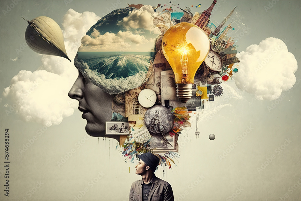 Art collage with the concept of thought process, ingenuity and new ...