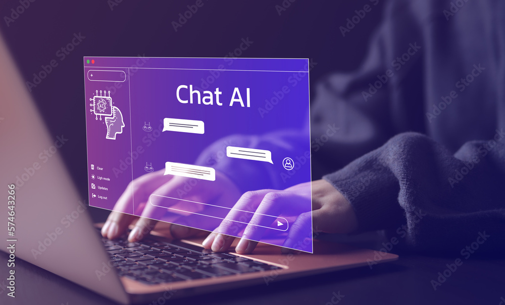 Chat Bot Chat with AI or Artificial Intelligence technology. Woman ...