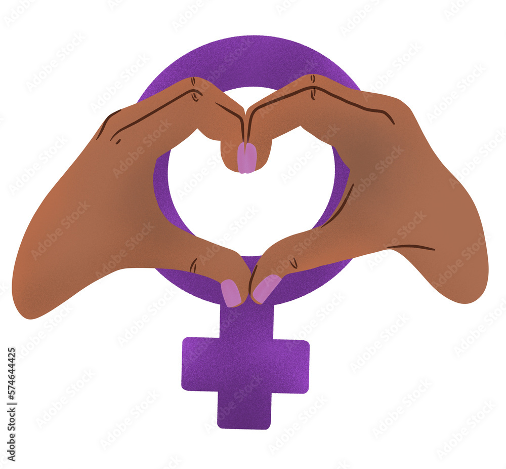 Manos formando un corazón con símbolo feminista en el fondo. 8 de marzo ...