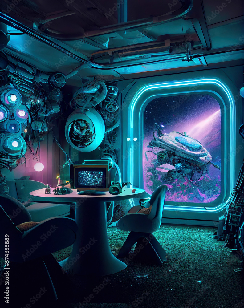 Futuristic spaceship cockpit interior. Future spacecraft control panels technology, space travel ...