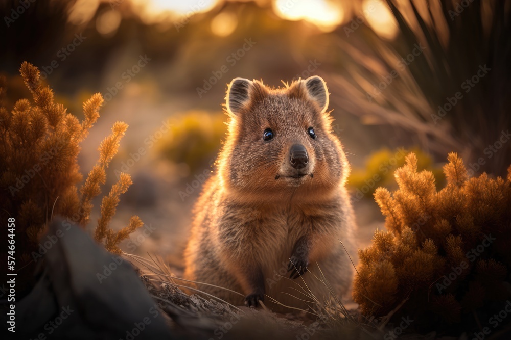 A cute smiling quokka at sunset. Australian fauna. Photorealistic ...