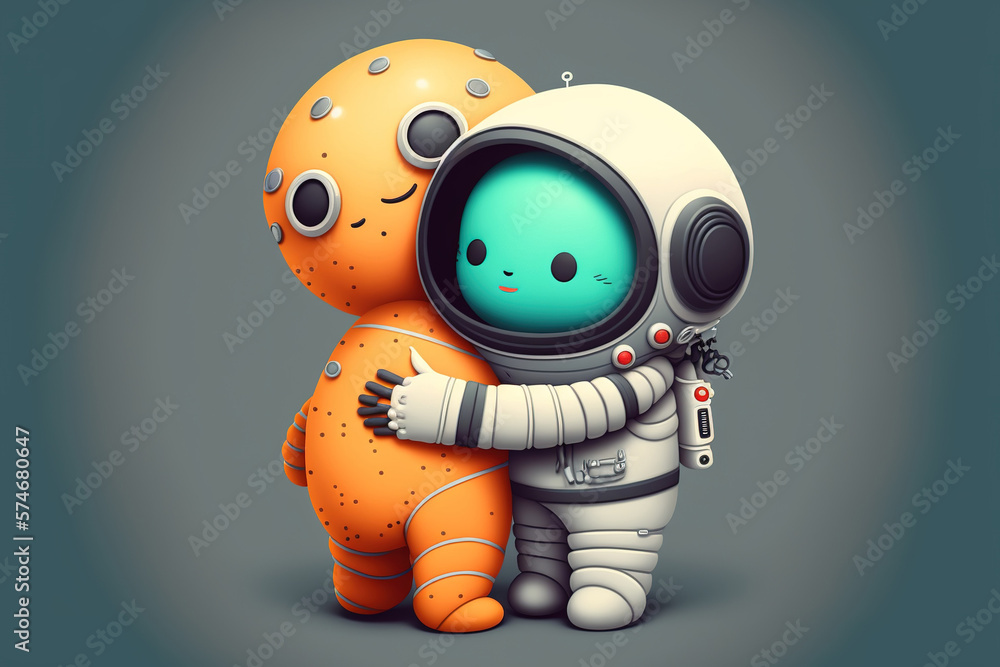 Cartoon alien hugging a cute astronaut in a icon. Concept Icon for ...