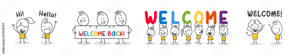 Stick figures. Group of smiling holding colorful letters. Vector banner ...