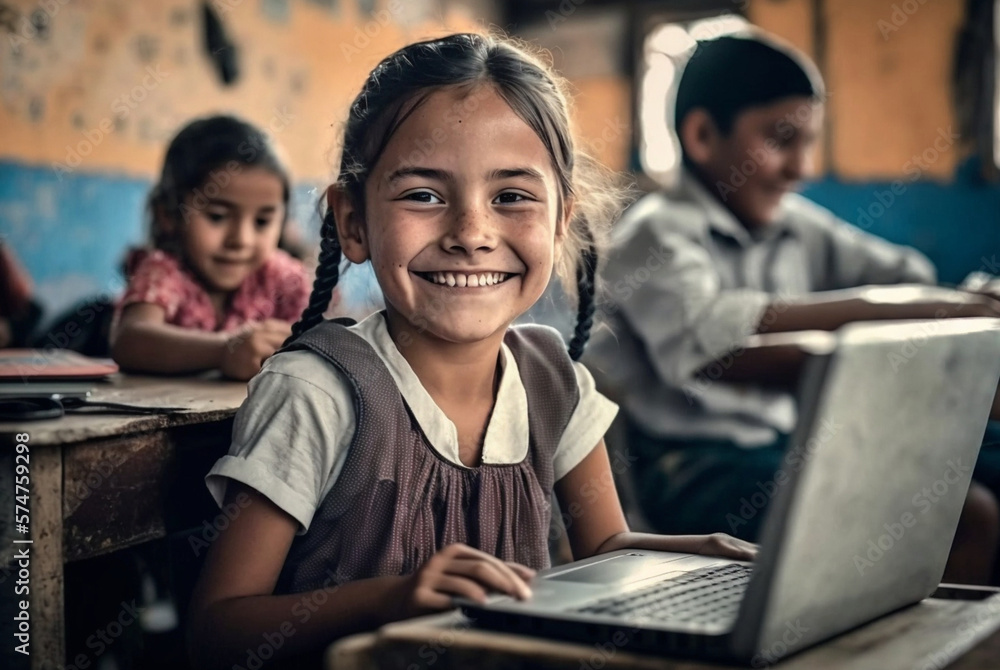 a young little toddler with a laptop at a small desk in a classroom at ...
