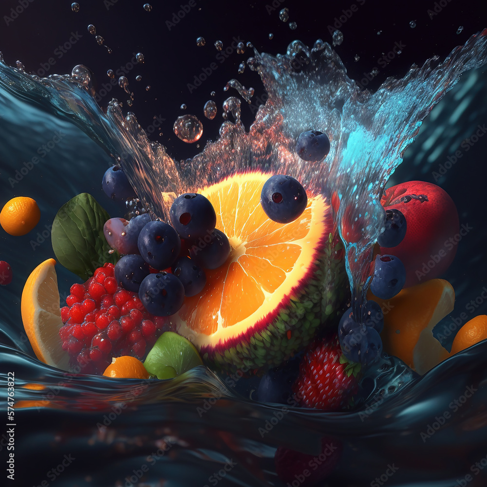 Fruit flying, isolated on black background, fruit juice and splash ...