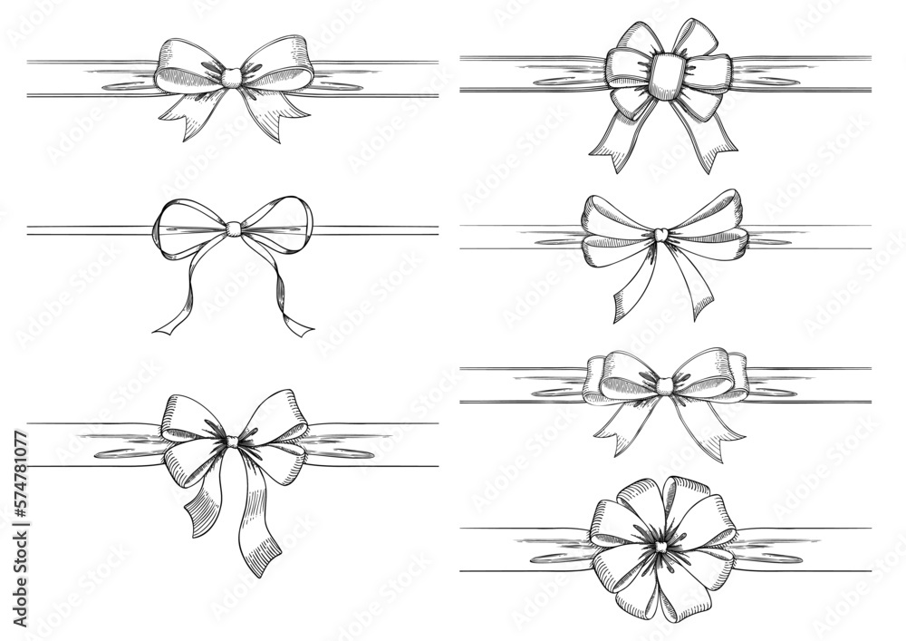 Set of long bow and ribbon. Hand drawn vintage line art. Ink sketched ...