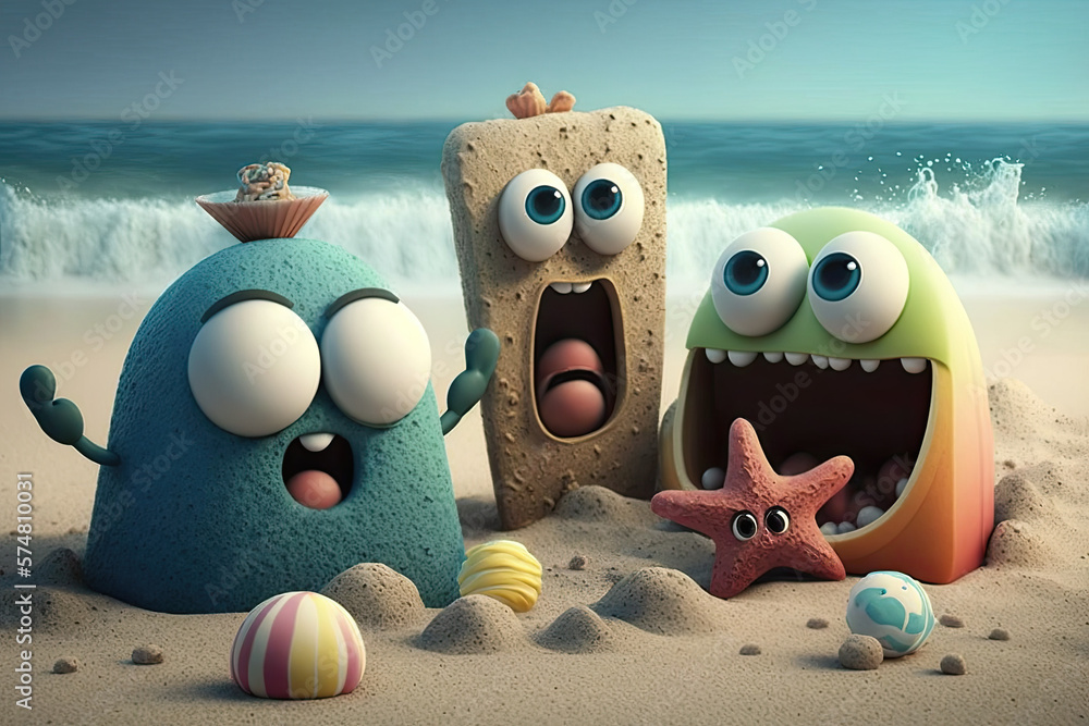 Funny squishy rubber cartoon characters as a family at the beach ...