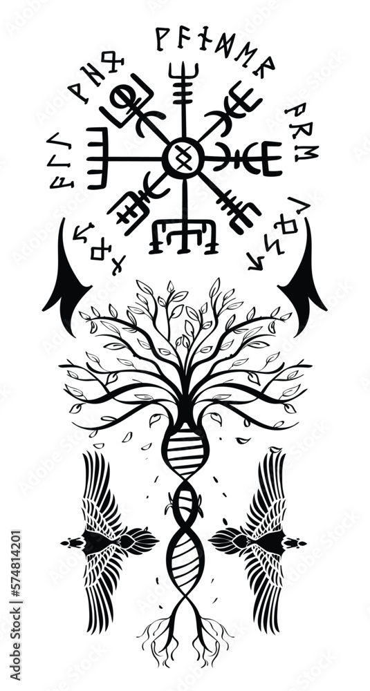 Yggdrasil, the tree of life. Vikings symbol Odin,with futhark runes ...
