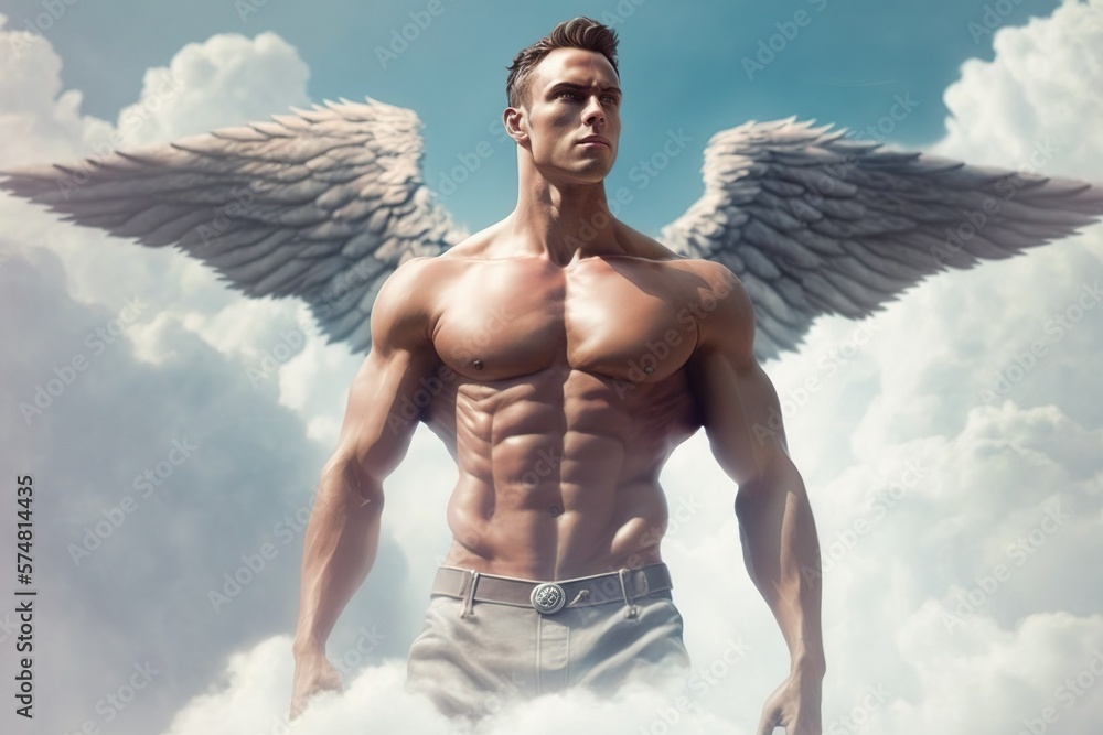 Muscular angelic man, with celestial wings, among clouds. Ai generated ...