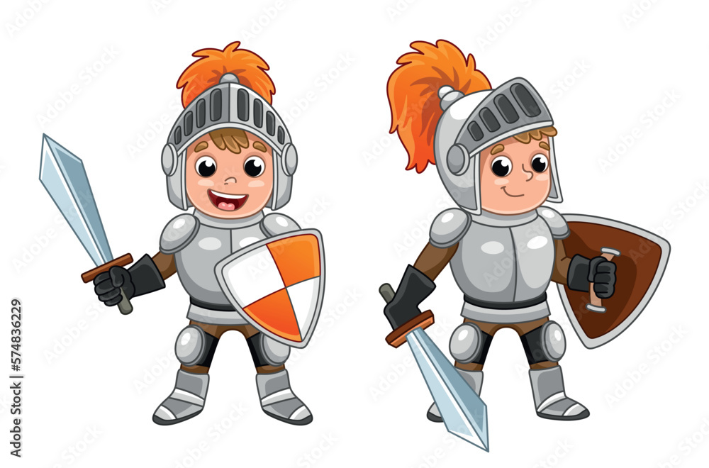 Cute knight boy set. Schoolchildren in metal armor, medieval sword and ...