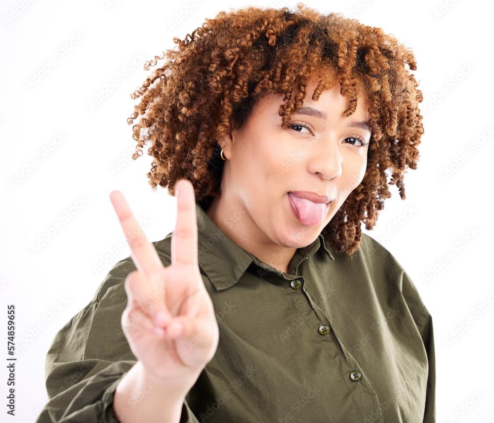Tongue out, peace sign and portrait of a young black woman with funny ...