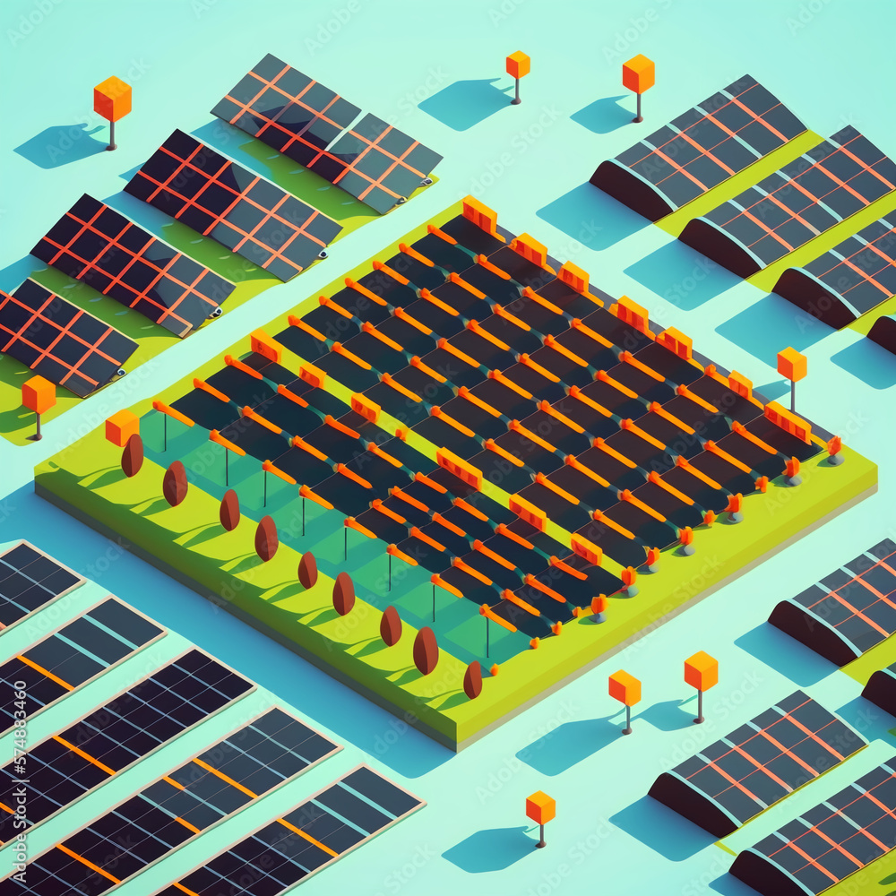 isometric illustration of a solar panel farm, with rows of solar panels ...