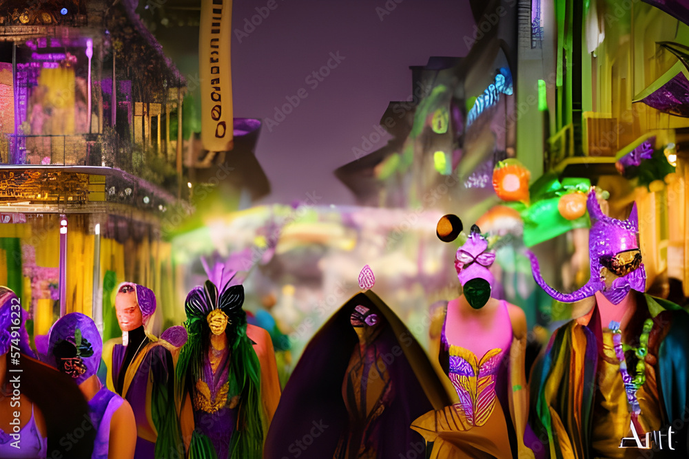 Night streets filled with Carnival crowds. Concept of Masquerade, Mardi ...